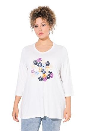 Ulla Popken Shirt, Blüten, Classic, V-Ausschnitt, 3/4-arm, Blanc cassé, 50-52 Femmes