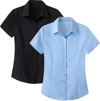 Generic Lot de 3 chemises habill&eacute;es &agrave; col boutonn&eacute; &agrave; manches courtes pour femme - Chemisier daffaires d&eacute;contract&eacute; pour le travail, L