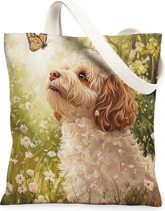 Generic Sac fourre-tout en toile motif cockapoo printanier pour le shopping 33 x 38,1 cm, sac d&eacute;picerie r&eacute;utilisable pour femme, animal de compagnie, motif de