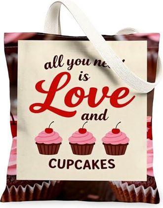Generic Love Cupcakes Sac fourre-tout en toile r&eacute;utilisable Motif friandises mignonnes vintage l&eacute;g&egrave;res et lavables, beige, 13x15 Inch