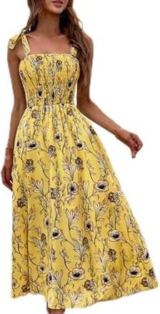 Generic 2026 Robe amincissante pour femme Robe ajust&eacute;e sans manches Imprim&eacute; Temp&eacute;rament Jupe longue Plage Boh&egrave;me &eacute;t&eacute;, jaune, M
