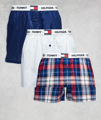 Tommy Hilfiger 3er-Pack klassische Boxershorts aus Webstoff in Marineblau / Wei&szlig; / mit Schottenkaromuster-Bunt