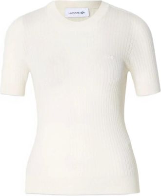 Lacoste Femme, Pulls, Blanc, Taille: 38 FR Pull Tricot C&ocirc;tel&eacute; en Laine M&eacute;rinos &agrave; Manches Courtes