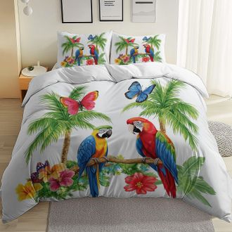 Generic Drucken Bettwäsche Sets 3 Teilig Tier Papagei Pflanze, 150 x 200 cm Reversibel Mikrofaser Bettbezug, Weiß Bettwäsche mit Reißverschluss und 2 Kissenbe