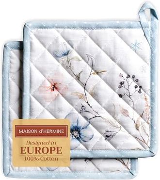 Maison d'Hermine Ice Florals Lot de 2 maniques, 100% Coton, pour Barbecue, Cuisson, Four, Micro-Ondes, grillades, Thanksgiving, No&euml;l, (20cm x 20cm)
