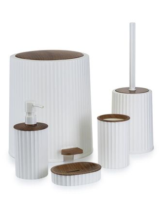 HowHomely Badezimmer Set Roza Beige gestreift | Seifenspender Zahnputzbecher Seifenablage Klob&uuml;rste M&uuml;lleimer | Badezimmer Zubeh&ouml;r Set Ideal f&uuml;r Badezimmerausst