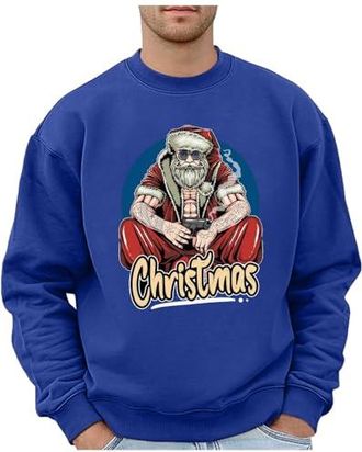 Generic Sweat-shirt de Noël amusant pour homme - T-shirt graphique fantaisie à manches longues et col rond - Motif Père Noël 2025, Sweat-shirt de Noël bleu po