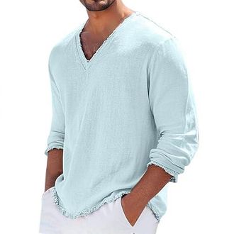 Generic Chemises de plage &agrave; col en V pour homme, hauts en coton et lin pour homme, chemises tendance et minimaliste, hauts confortables et r&eacute;guliers, chemise 