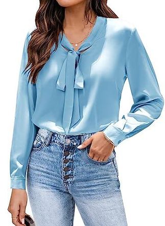 Zeagoo Chemisier en satin de soie pour femme - Col en V - &Eacute;l&eacute;gant - Avec noeud - Manches longues - Haut daffaires - Tunique ample, bleu clair, S