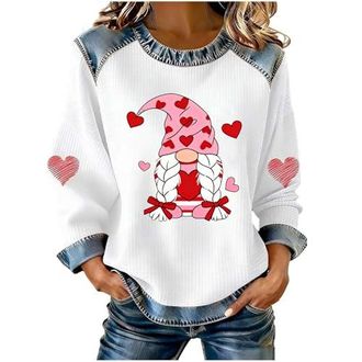 Generic Sweat-shirt de Saint-Valentin pour femme en denim vintage patchwork sweatshirts dr&ocirc;le mignon coeur gnome graphique chemise en jean gaufr&eacute; &eacute;pissure col