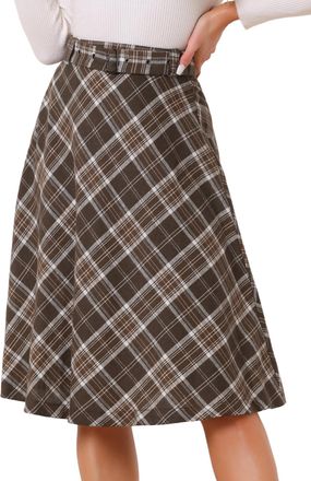 Allegra K Damen Kariert Rock Schottenrock Knielang A Linie High Waist Colorblock Midirock Khaki XL