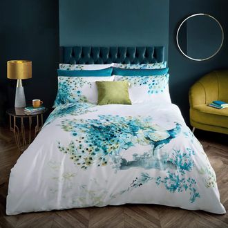 Voyage Maison Wimborne Bettw&auml;sche-Set mit Pfauenmotiv, 100 % Baumwollsatin, f&uuml;r Super-King-Size-Betten, 260 x 220 cm, Blaugr&uuml;n