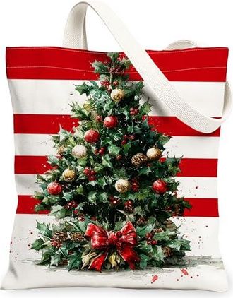Generic Sacs fourre-tout en toile de vacances, motif arbre de No&euml;l, sacs d&eacute;picerie r&eacute;utilisables, joyeux, l&eacute;gers et lavables, toile pour le shopping, 33 x 38 