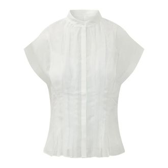 HUGO BOSS Femme, Blouses et Chemises, Blanc, Taille: 42 FR Blouse &agrave; col montant pliss&eacute;