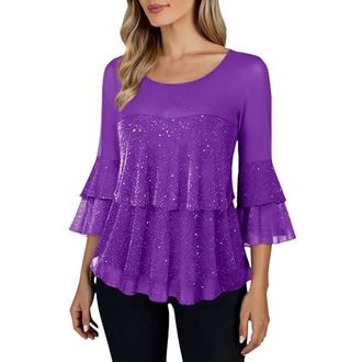 Generico Chemise &eacute;l&eacute;gante pour femme avec paillettes brillantes - Col rond avec fermeture &eacute;clair - Haut pour femme - Pour f&ecirc;te, printemps, vacances, f&ecirc;te, d&eacute;co