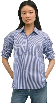 Brooks Brothers Femme, Blouses et Chemises, Bleu, Taille: 42 FR Chemise Popeline Rayée Coupe Décontractée avec Col Pointe Avant