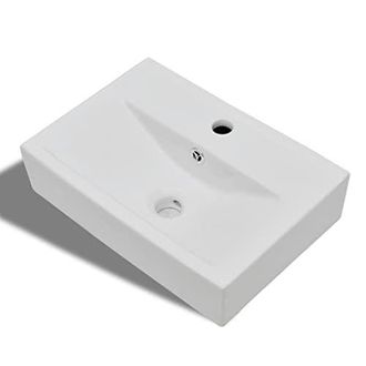 vidaXL Vasque &agrave; trou de trop plein robinet c&eacute;ramique pour salle de bain Blanc