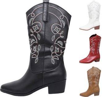 Generic Bottes de cowboy pour femme, bottes de cowgirl à talon bloc, cuir PU, mi-large, chaussures de mariage occidentales, bottines de cowgirl à talon épais 