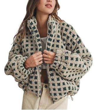 Generic Veste sherpa &agrave; carreaux pour femme - Manches longues - Style d&eacute;contract&eacute; - Fermeture &eacute;clair - Avec poches, abricot, XL
