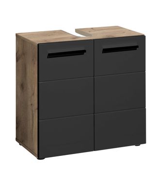 Möbelando Waschbeckenunterschrank >Vista< schwarz matt/Viking Oak Dekor, 60 cm breit, 62 cm hoch, 31 cm tief, 2 Türen, 1 Einlegeboden, Siphonausschnitt, Melamin