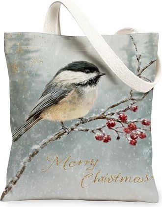 Generic Sacs fourre-tout en toile motif oiseaux de No&euml;l, sacs d&eacute;picerie r&eacute;utilisables, vintage, l&eacute;gers, lavables, gris, 13x15 Inch