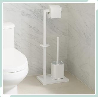 Relaxdays WC Garnitur, HBT: 67,5 x 20 x 15,5 cm, Metall, Klopapierhalter stehend, Klobürste, Ersatzrollenhalter, weiß