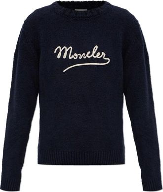 Moncler Femme, Pulls, Bleu, Taille: 42 FR Pull en m&eacute;lange de coton avec logo brod&eacute;