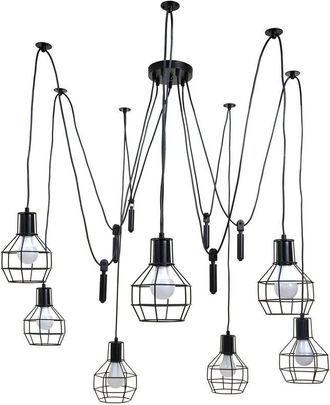 Hhg Pendelleuchte HHG-195, H&auml;ngelampe H&auml;ngeleuchte, Industrial Metall h&ouml;henverstellbar schwarz 7x Gitterlampenschirm