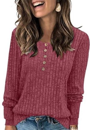 TOMWELL Pull Col Roulé Femme Manche Longue Boutonné Croisé Devant Casual Oversize Tops pour Printemps Automne Hiver C Vin Rouge M
