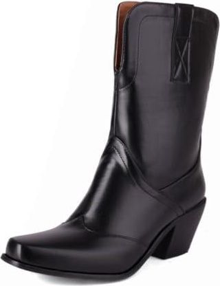 Generic Bottes Femme Mi-Mollet Style Western Bout Carré Talons Moyens Épais Tige PU Durable Confortables Enfilables Antidérapantes Décontracté Quotidien Soiré