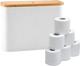 Relaxdays Toilettenpapier Aufbewahrung, 12 Rollen, HxBxT: 34,5 x 45 x 15 cm, Stoff, Bambus, Reserverollenhalter, weiß