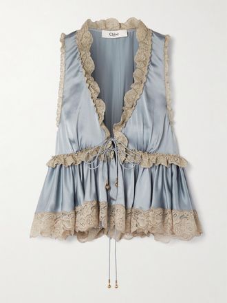 Chlo&eacute; Oberteil Aus Seidensatin Mit Spitzenbes&auml;tzen Und Sch&ouml;&szlig;chen - Blau