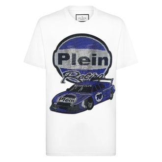 Philipp Plein Homme, Tops, Blanc, Taille: 2XL T-shirt Jersey Col Rond Manches Courtes Strass Cars Racing