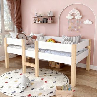 Generic Kiefer-Vollholz-Kinderbett 90x190 cm in Weiß & Eiche, mit kindersicherem Rausfallschutz