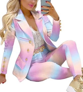 ORANDESIGNE Damen Hosenanzüge Elegant Business Anzug Set Hosenanzug Blazer Hose 2-teilig Anzug Karo Kariert Zweiteiler Slimfit Streetwear A Violett XS