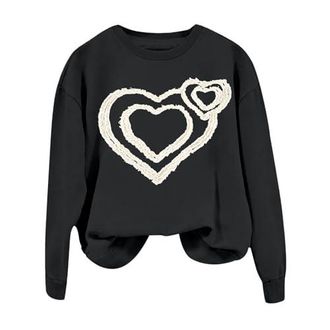 Generic T-shirt imprim&eacute; &agrave; manches longues et col rond pour femme pour la Saint-Valentin 2026, Noir, XL