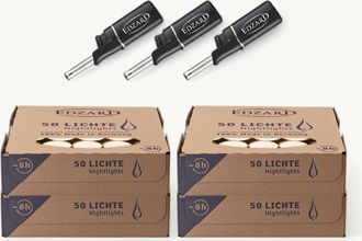 Edzard Set 200 Teelichter (8 Stunden) wei&szlig;, ohne Duft - plus 3 Mini-Stabfeuerzeuge - Teelichtkerzen im Acryl-Cup