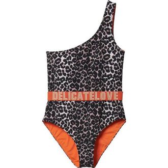 Delicate.love Damen Badeanzug Asymetrischer Badeanzug ZORA mit seperatem G&uuml;rtel Classic Leo