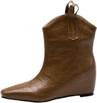 Generic Bottines rétro pour Femmes Petit Bout carré compensé Talons Bas Tirer sur des Chaussures de fête décontractées Quotidiennes élégantes,Jaune,45 EU