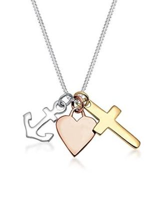 Elli Collier Femme Croix Coeur Ancre Tricolore - (925/1000) Argent