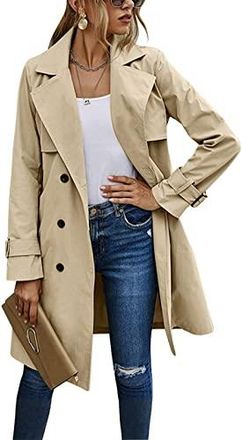 Minetom Trench-Coat à Double Boutonnage Femmes Manteau Trench Couleur Unie avec Ceinture avec Poches Manteau Longue Mi-Long Parka Veste Dextérieur A Kaki M
