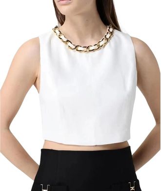 Elisabetta Franchi Femme, Tops, Blanc, Taille: 42 FR Top en m&eacute;lange de lin avec cha&icirc;ne bijou