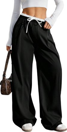 SOLY HUX Damen Hosen Lang Weite Anzughose Hohe Doppeltaille Freizeithose mit Taschen Locker Casualhose Palazzo Pants Herbst Outfit Schwarz XL