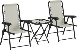 OUTSUNNY Ensemble de table et chaises de terrasse dext&eacute;rieur 3 pi&egrave;ces meubles de jardin pliables avec structure en acier et porte-gobelet pour patio Cr&egrave;me