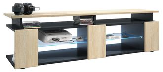 Vladon TV Board Movie V2 Game On Lowboard 138,5 x 39 x 39 cm inkl. LED-Beleuchtung Blau, Korpus in Schwarz matt, Fronten in Eiche s&auml;gerau