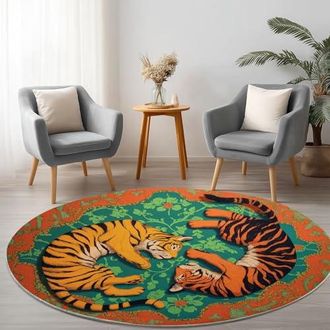 Generic Art D&eacute;co Couleur Orange Doux Tapis Rond 160 cm, Lavable Antid&eacute;rapant Poil Ras Carpet, Motif Mignon Animal Tigre Descente de Lit Chambre Adulte Salon S