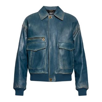 Versace Homme, Vestes, Bleu, Taille: XL Veste en cuir