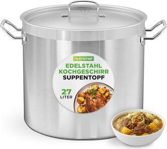 Nutrichef NutriChef Edelstahl Kochtopf 28,4L Induktion - Suppentopf mit Deckel, Profiqualit&auml;t f&uuml;r Gastronomie & Meal Prep Hitzebest&auml;ndig bis 260 &deg;C, Sp&uuml;lmaschin