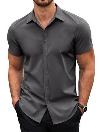 Coofandy Chemise Homme Manches Courtes Chemise d&Eacute;t&eacute; Casual Business Slim Fit Chemisette pour Homme Basique Unie Gris Fonc&eacute; 3XL