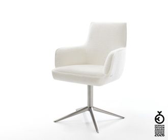 DELIFE Drehstuhl Heira-Flex mit Armlehnen Boucl&eacute; Soft Beige Fu&szlig;kreuz Edelstahl 360&deg; drehbar Wippfunktion Taschenfederkern, Esszimmerst&uuml;hle